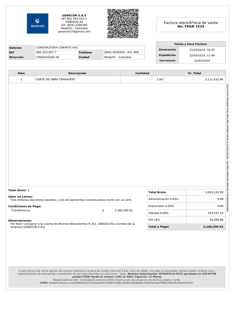 Factura Electrã Nica de Venta: Genecon S.A.S | PDF | Economias