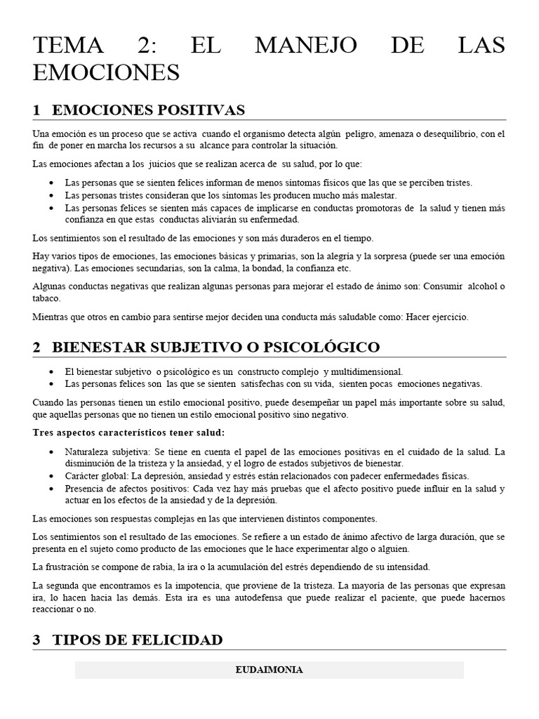 Tema 2 Manejo De Las Emociones Pdf Las Emociones Placer