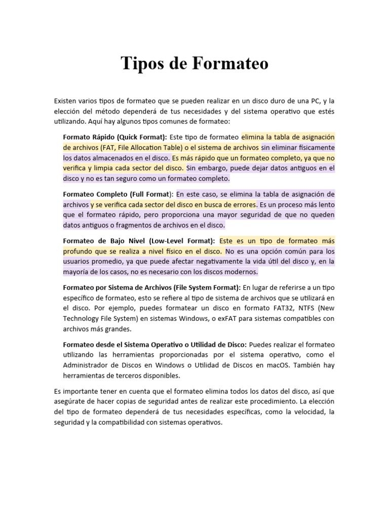 Tipos de Formateo | PDF | Archivo de computadora | Tecnología de ...
