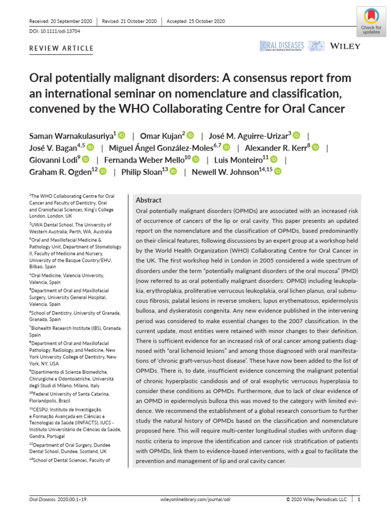 Oral Potentially Malignant Disorders A Consensus Report From An ...
