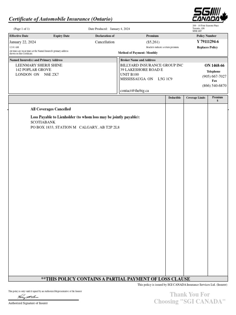 Certificate of Automobile Insurance (Ontario) : Thank You For Choosing "SGI CANADA" | PDF ...