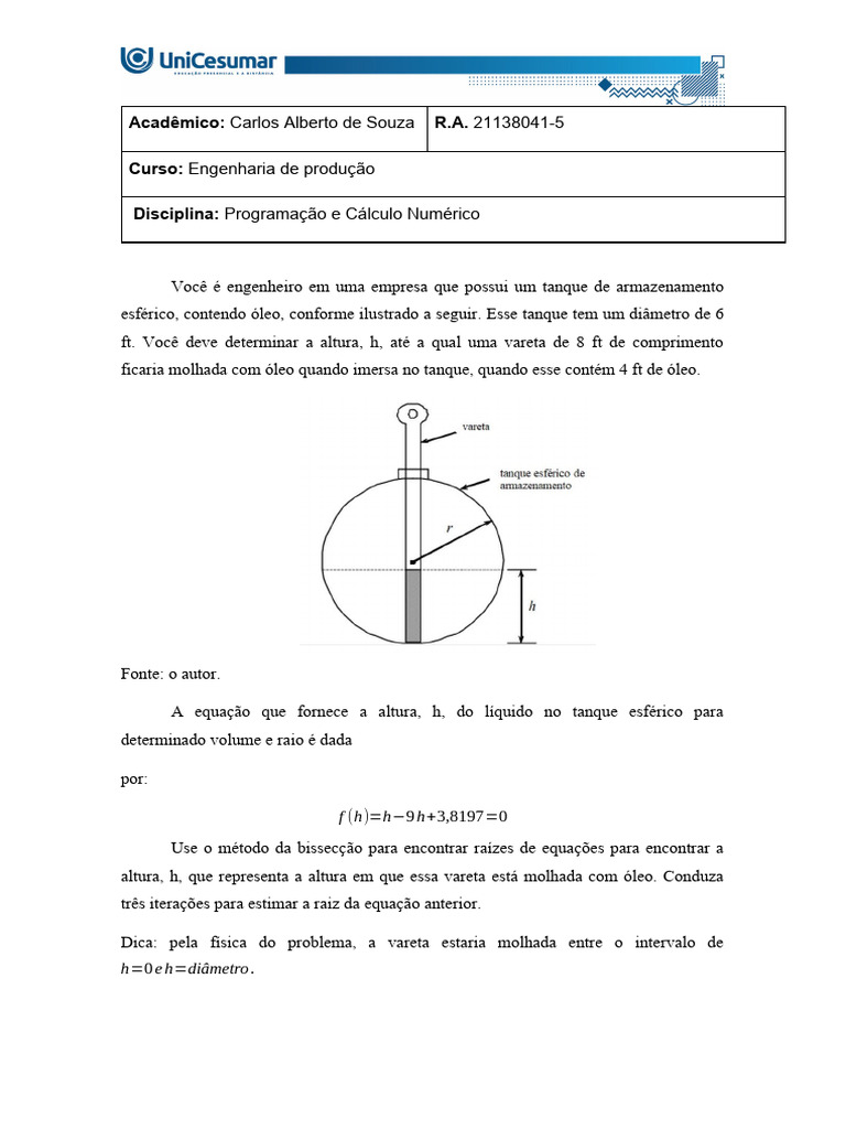Atv 1 Programação E Cálculo Numérico Pdf Análise Numérica Equações