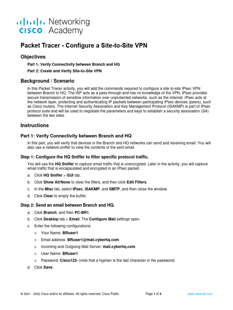 4 3 9 Packet Tracer Configure Site To Site Vpn Answer Key Pdf Virtual Private Network Wide