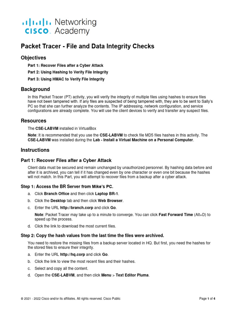 2.1.8 Packet Tracer File and Data Integrity Checks Answer Key ...