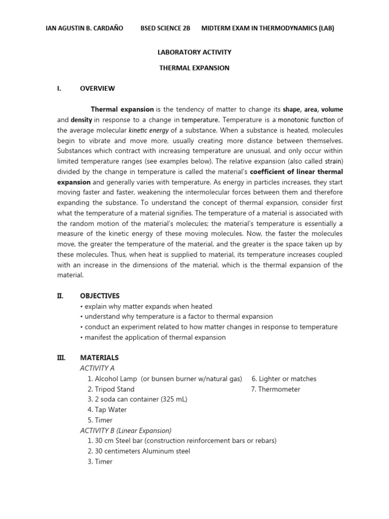 Thermal Expansion - Thermo Lab Midterm | PDF | Thermal Expansion ...