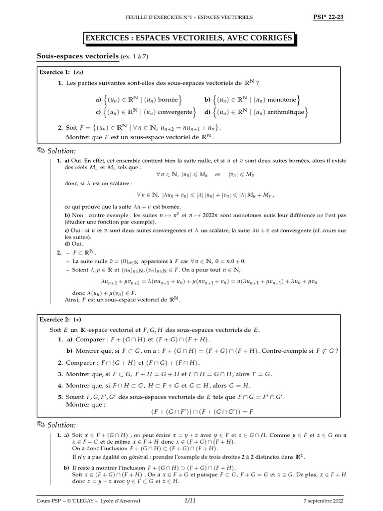 Exercices Corrigés sur Espaces Vectoriels | PDF | Base (algèbre ...