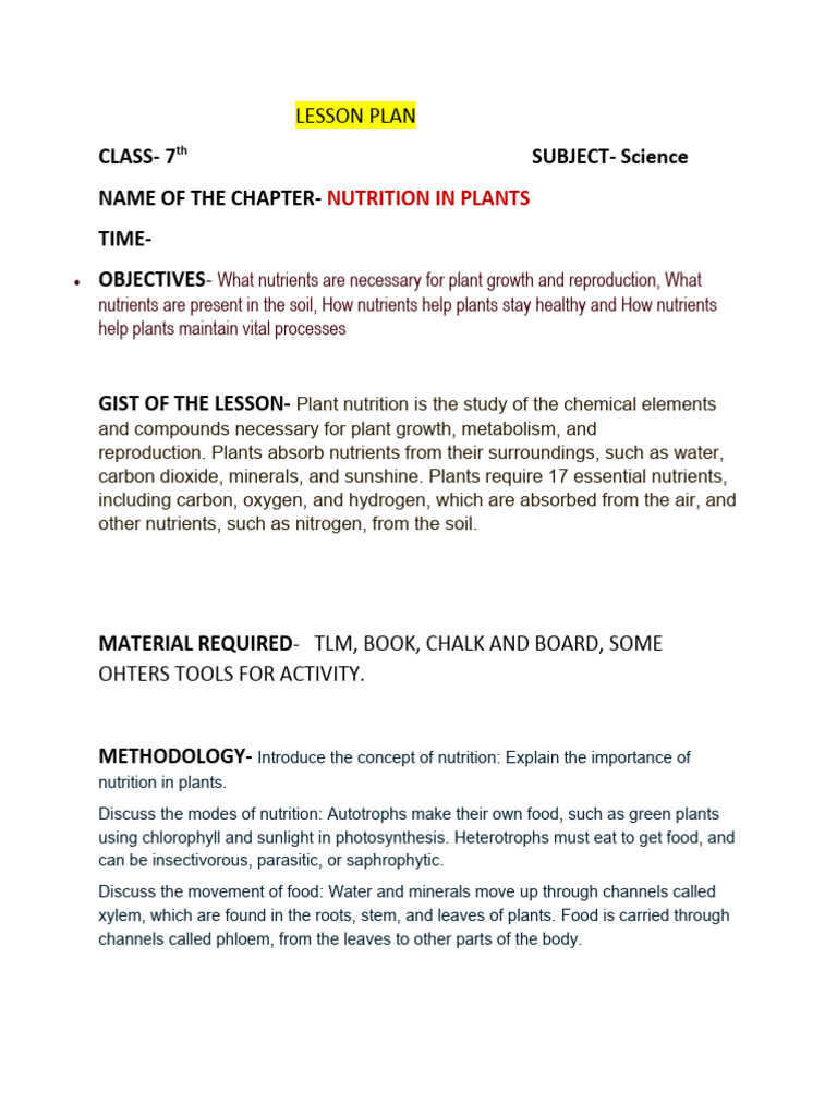 LESSON PLAN Class 7 | PDF | Nutrition | Diet & Nutrition