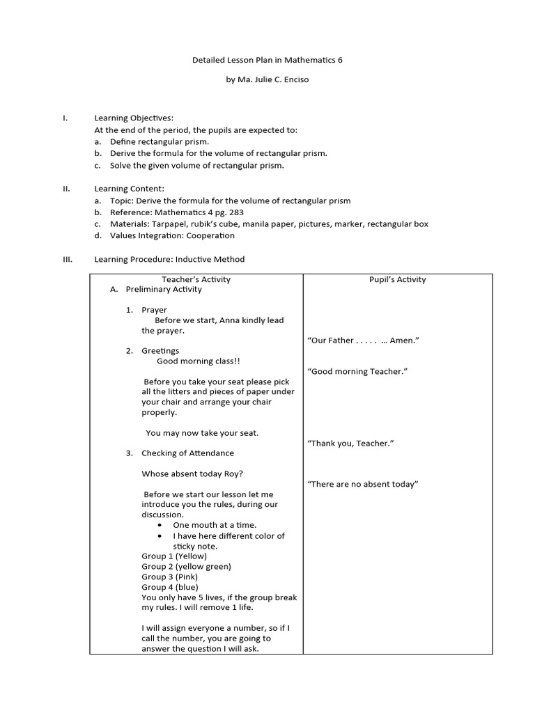 Detailed Lesson Plan in Math 6 | PDF | Rectangle | Polytopes