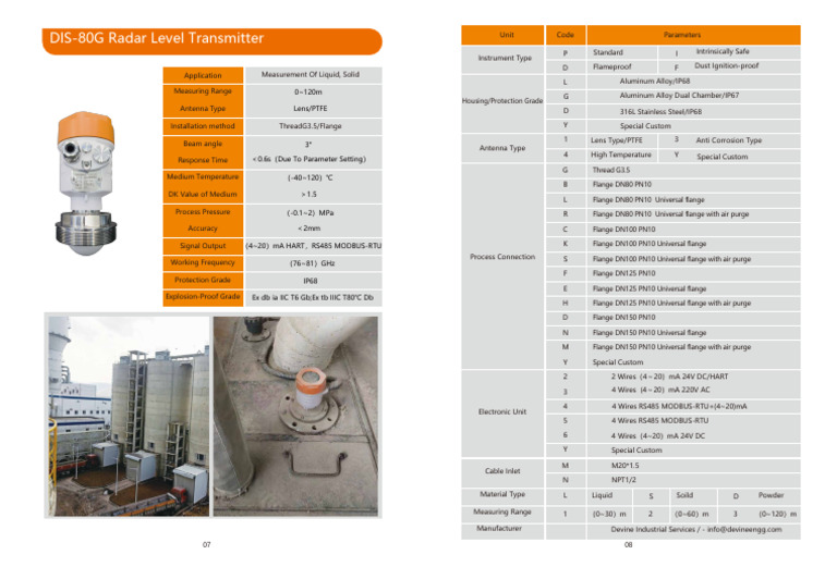 DIS80G SILO Radar Level Sensor | PDF | Electronics | Electrical Engineering