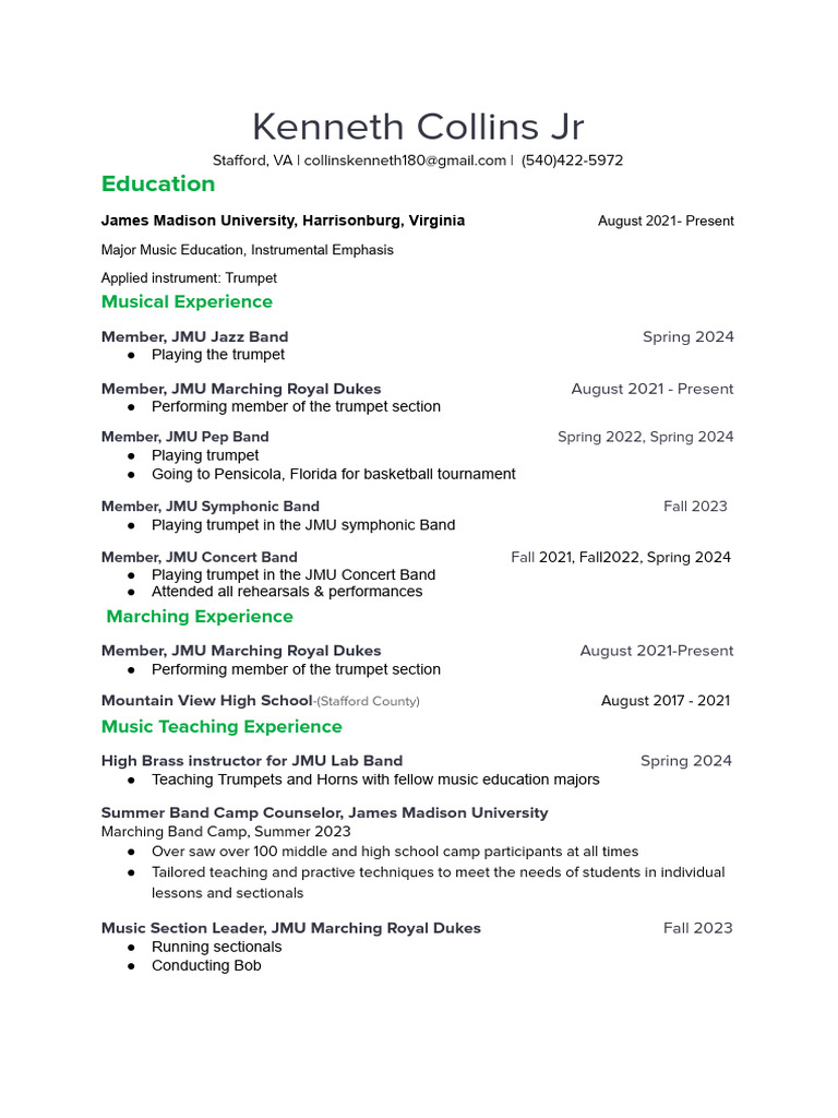 Kenneth Collins Jr: Music Education Resume | PDF | Marching Bands | Music