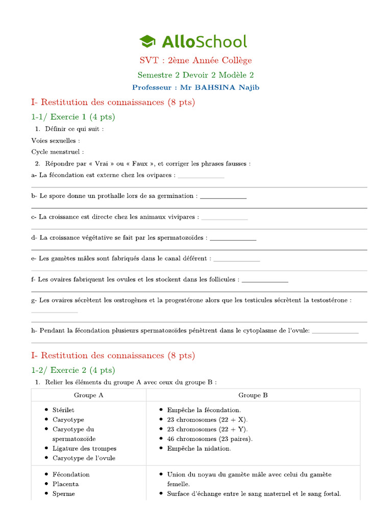 SVT 2ac Semestre 2 Devoir 2 Modele 2 1 | PDF
