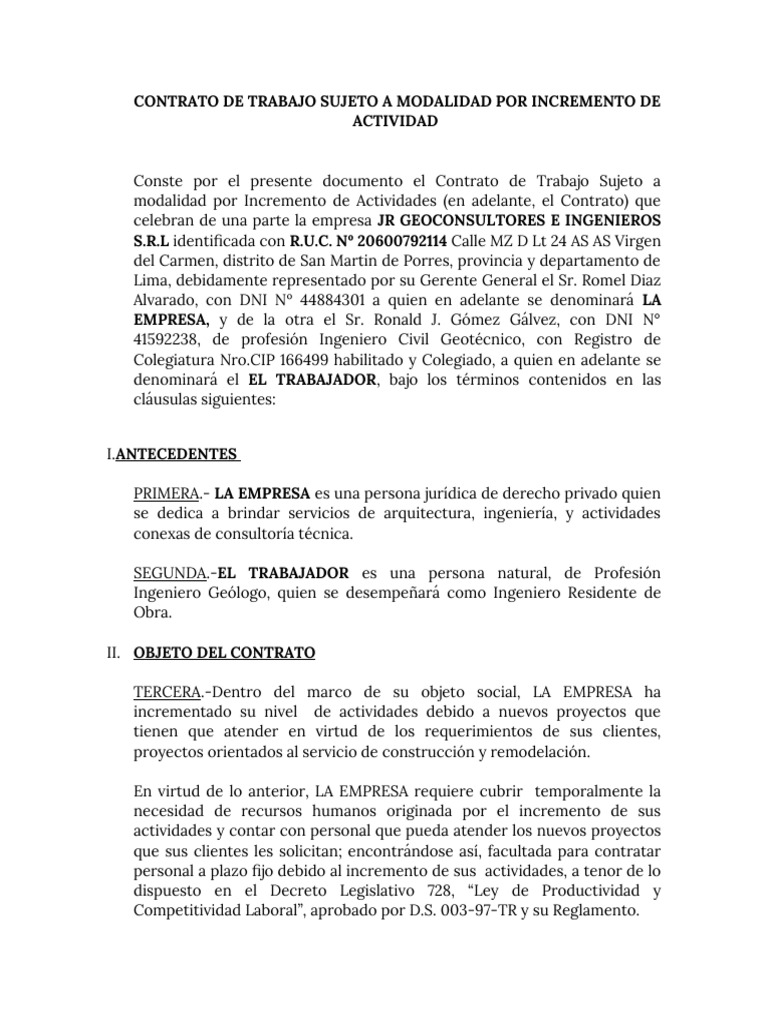 Modelo de Contrato de Trabajo Sujeto A Modalidad Por Incremento de Actividad | PDF | Arbitraje ...