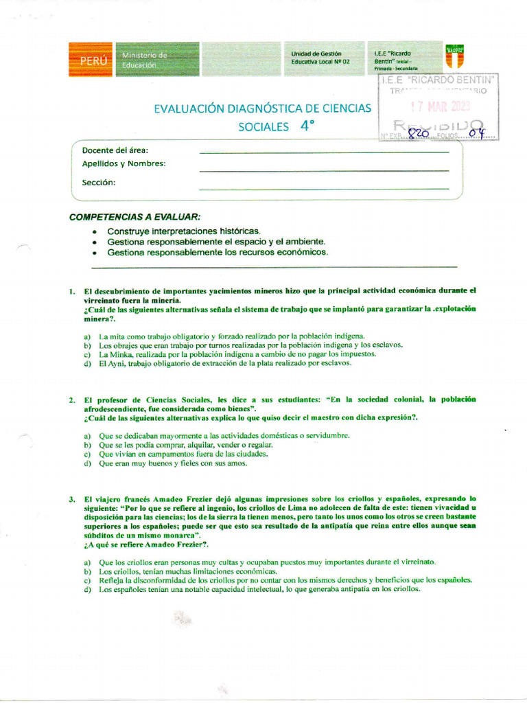 Evaluacion Diagnostica CCSS 2023 4to Sec | PDF
