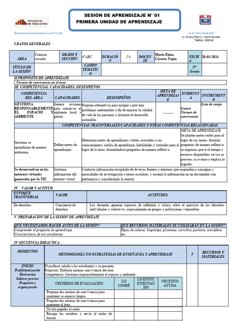 Sesión de Aprendizaje - Bienvenida 2024 Sasakawa | PDF | Evaluación | Aprendizaje