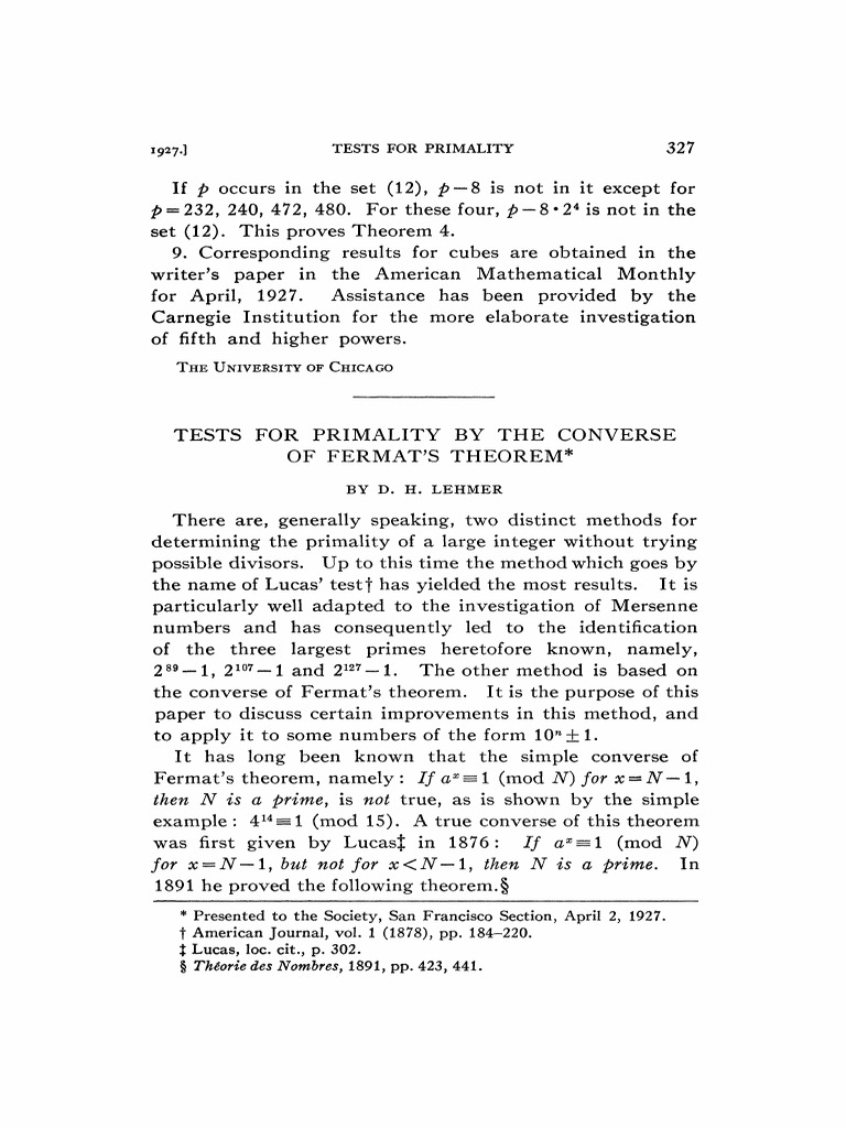 1927.) Tests For Primality: T H E University of Chicago | PDF | Prime ...