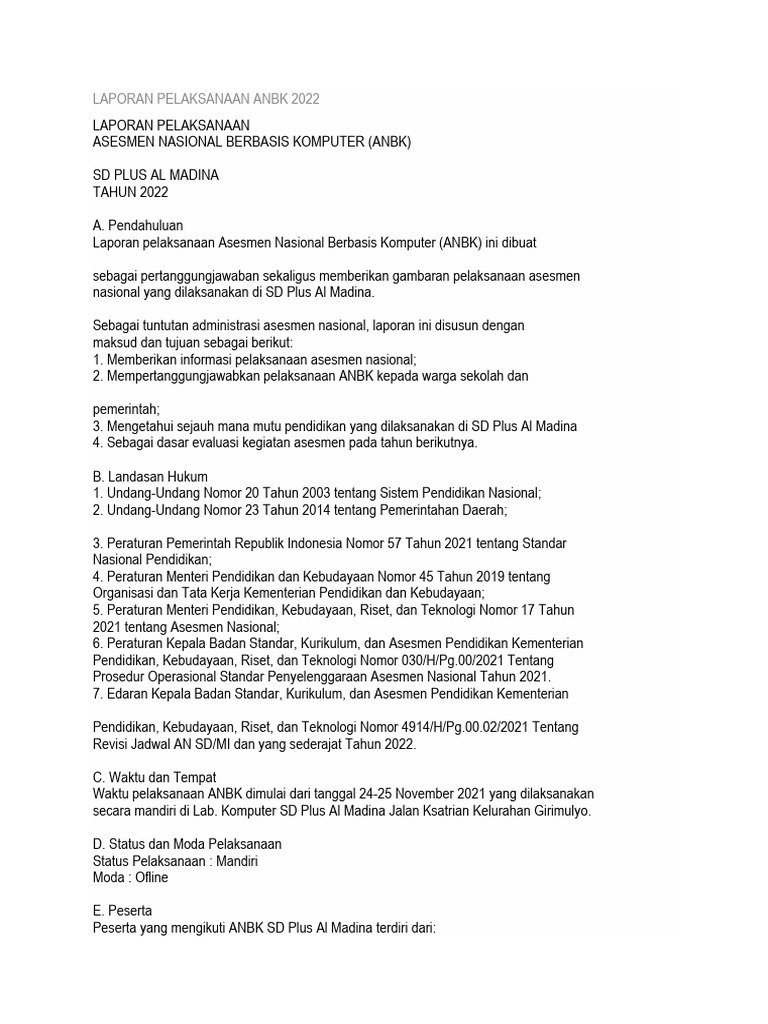 Laporan Pelaksanaan Anbk 2022 | PDF