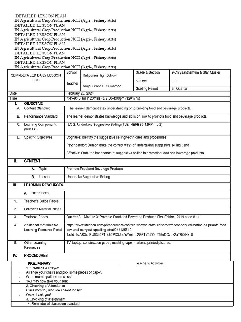 Tle 9 Suggestive Selling SDLP | Download Free PDF | Menu | Lesson Plan