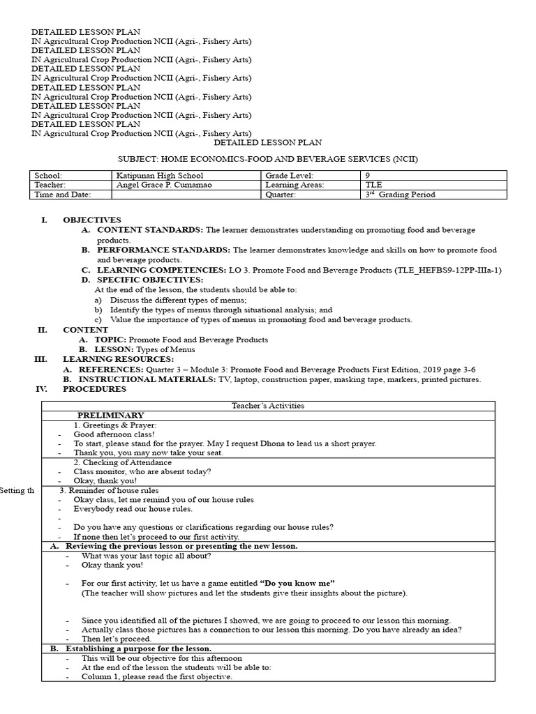Tle 9 Types of Menu DLP | PDF | Menu | Vinegar