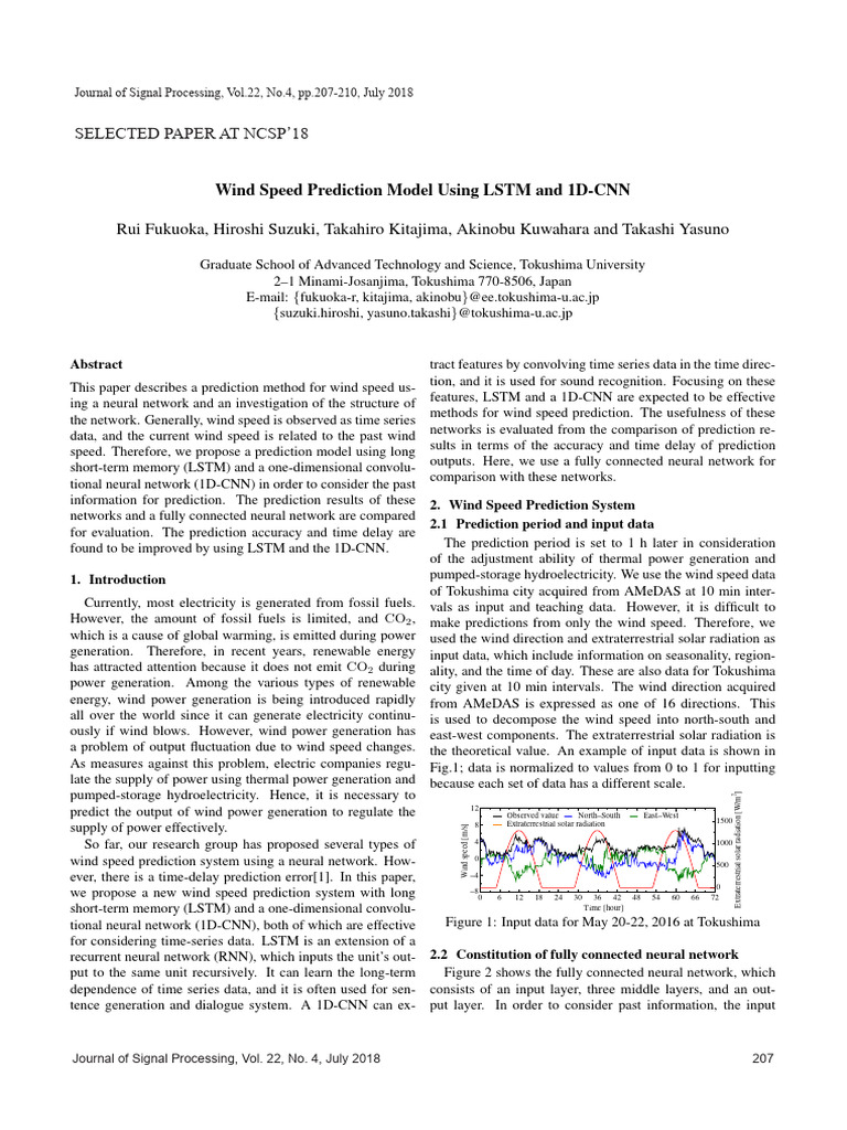 2018, Wind Speed Prediction Model Using LSTM and 1D-CNN | PDF | Artificial Neural Network ...