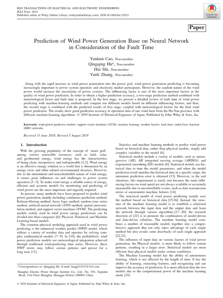 2019, Prediction of Wind Power Generation Base On Neural Network in Consideration of The Fault ...