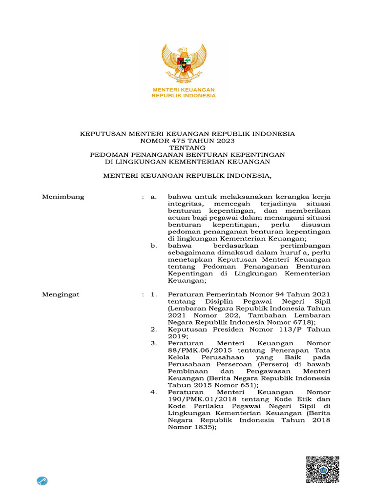 KMK No. 475 Tahun 2023 Tentang Pedoman Penanganan Benturan Kepentingan Di Lingkungan Kementerian ...