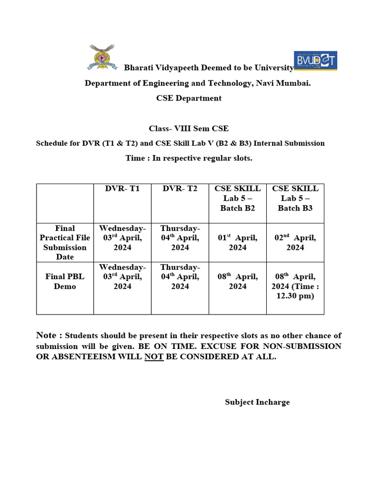 DVR and CSE Skill Lab 5 Internal Submission Schedule | PDF