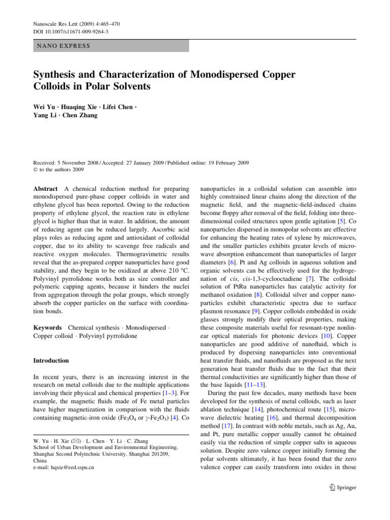 Monodispersed Copper Colloids Synthesis | PDF | Nanoparticle | Redox