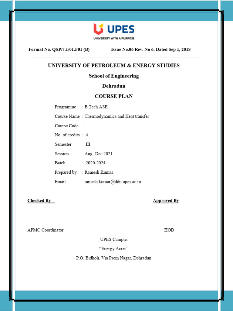B. Tech ASE Thermodynamics and Heat Transfer Course Plan | PDF | Heat ...