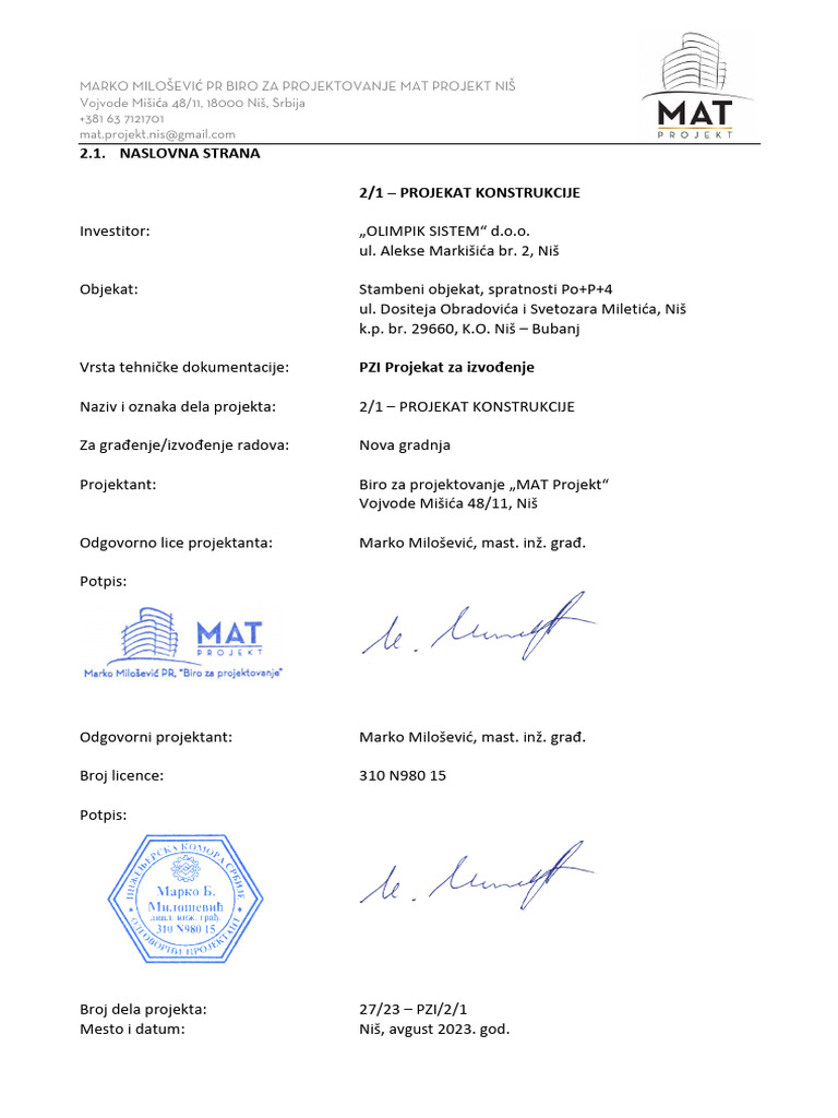 PZI Konstrukcija - Olimpik Sistem | PDF