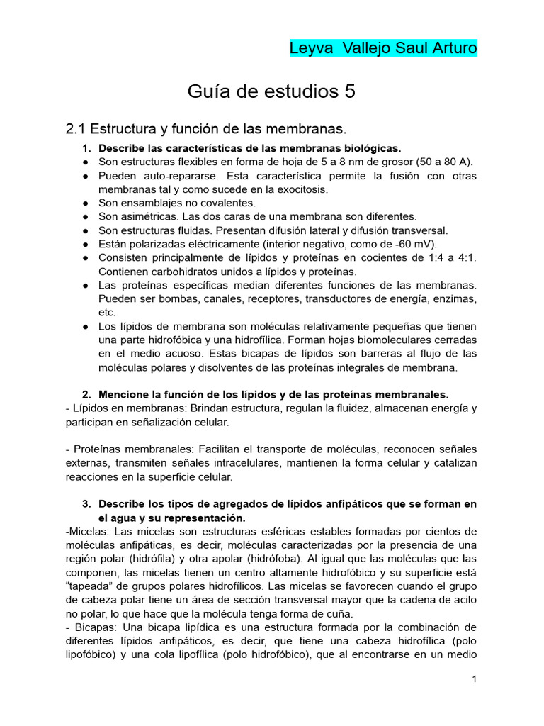 Guia de Estudios 5.y.6 .Leyva Vallejo Saul Arturo - Grupo 1 | PDF | Lípido | Membrana celular