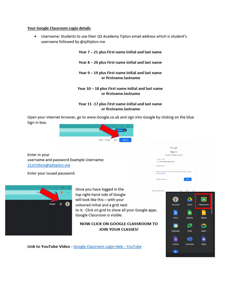 Google Classroom Login Guide for Students | PDF