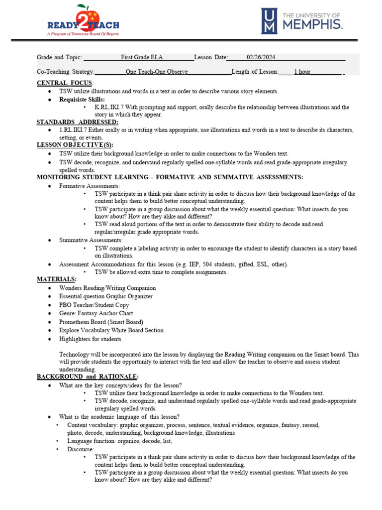 First Grade ELA Lesson Plan Observation | PDF | Human Communication ...