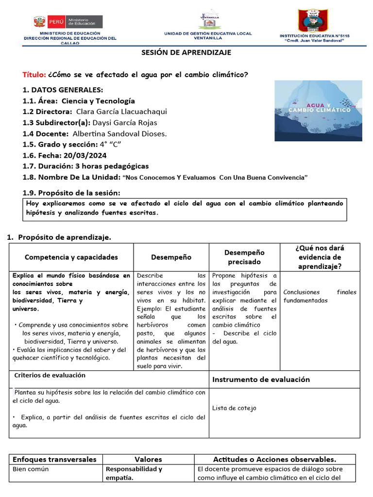 Sesión de Aprendizaje Cyt El Cambio Climatico y El Agua | PDF | Agua ...