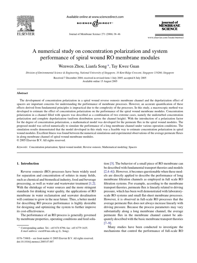 A Numerical Study On Concentration Polarization and System Zhou2006 | PDF | Membrane | Osmosis