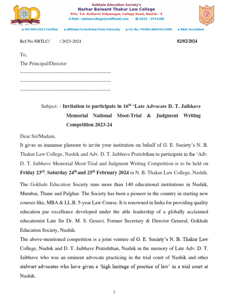16th Late Advocate D. T. Jaibhave Memorial National Moot-Trial ...