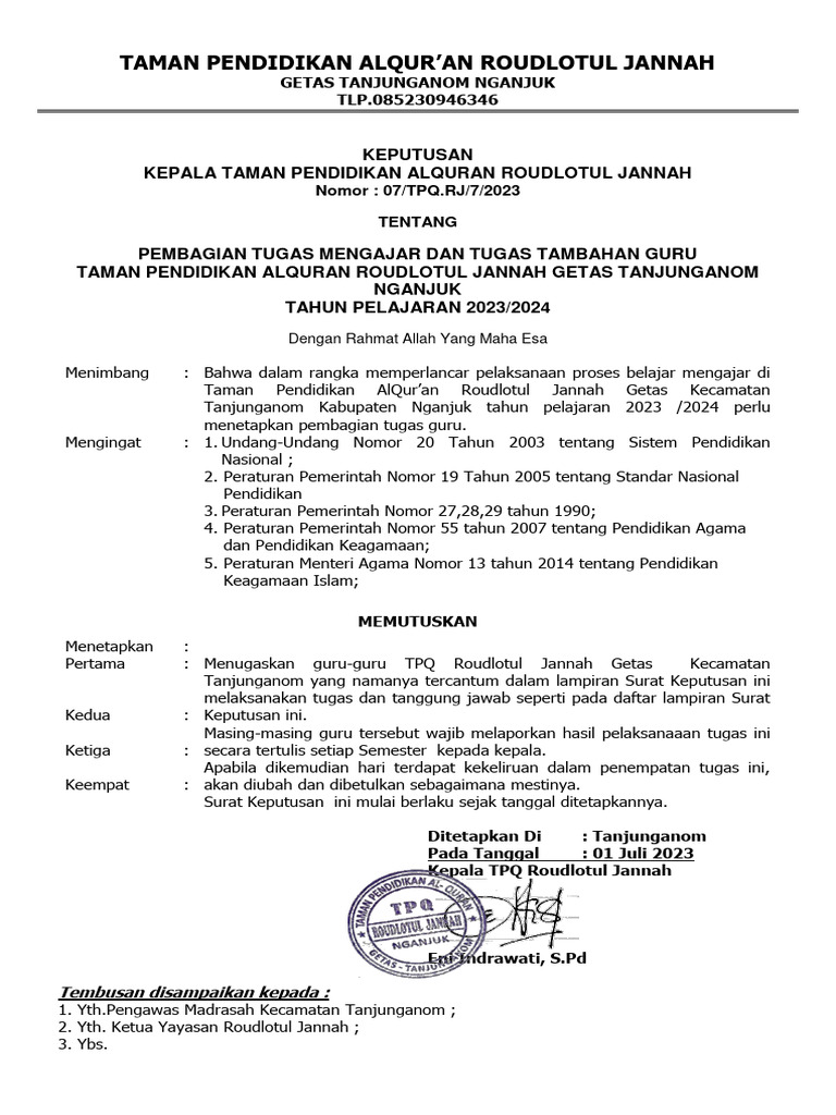 Pembagian Tugas Guru TPQ 2023/2024 | PDF