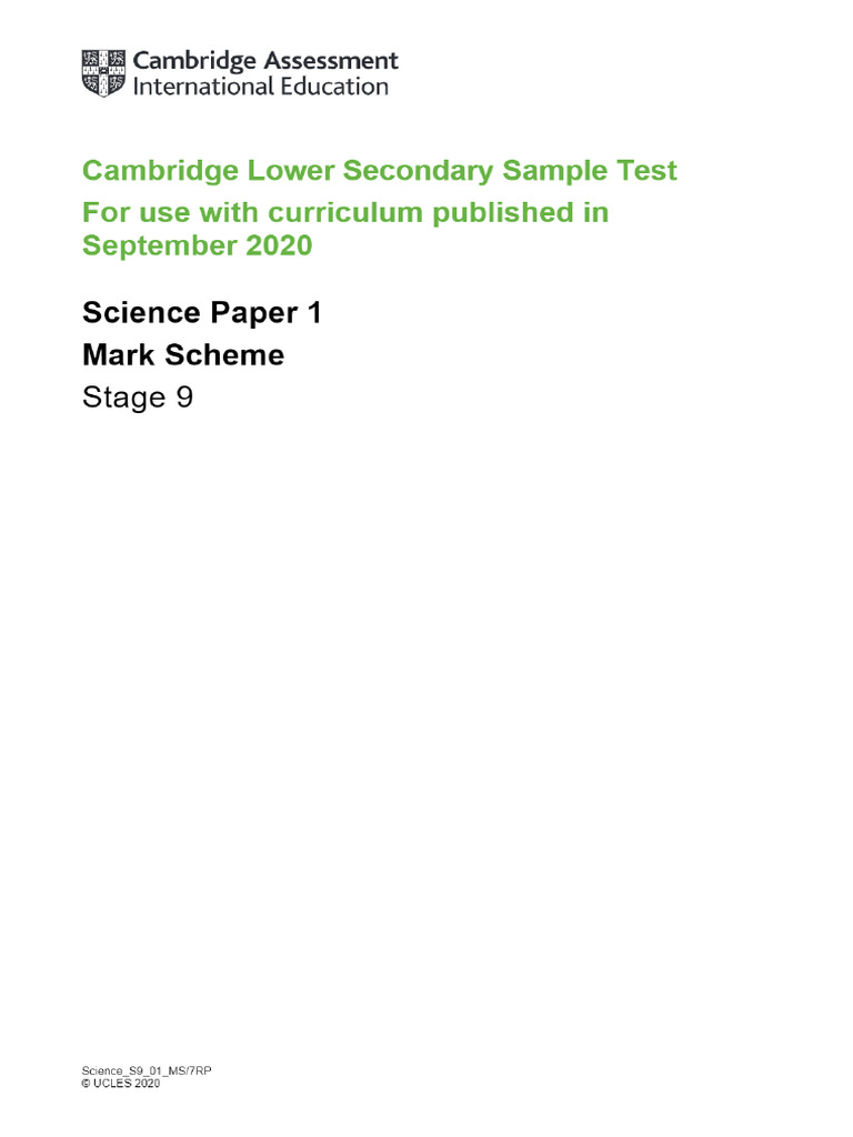 Science Stage 9 Sample Paper 1 Mark Scheme Tcm143-595708 | PDF