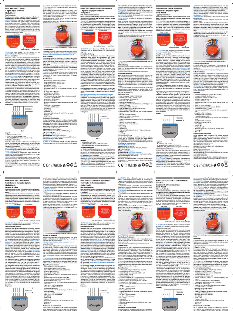 Shelly Plus I4 Multilingual Printed User and Safety Guide | PDF