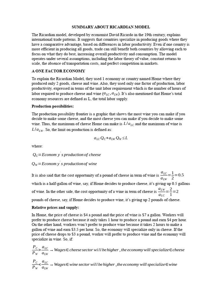 Summary About The Ricardian Model | PDF | Comparative Advantage | Economies