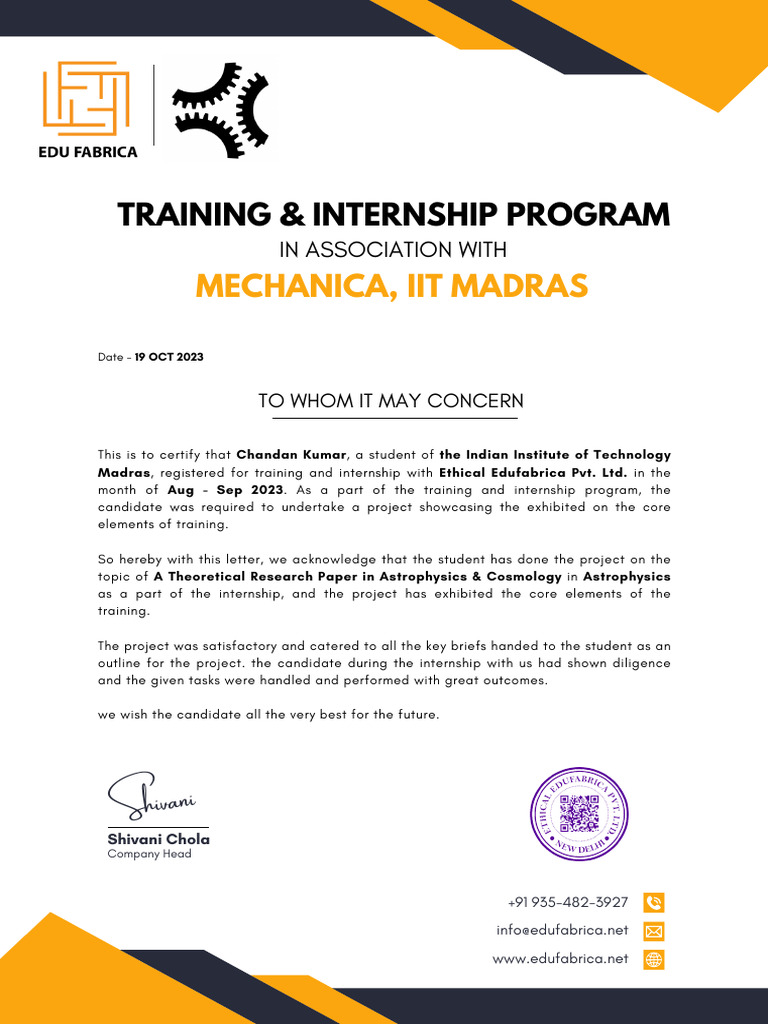 ''Astrophysics Internship Letter'', IIT Madras | PDF