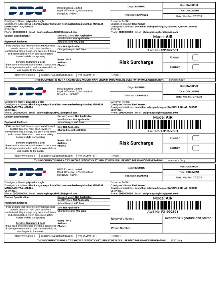 Risk Surcharge: Mode: AIR | PDF | Mail