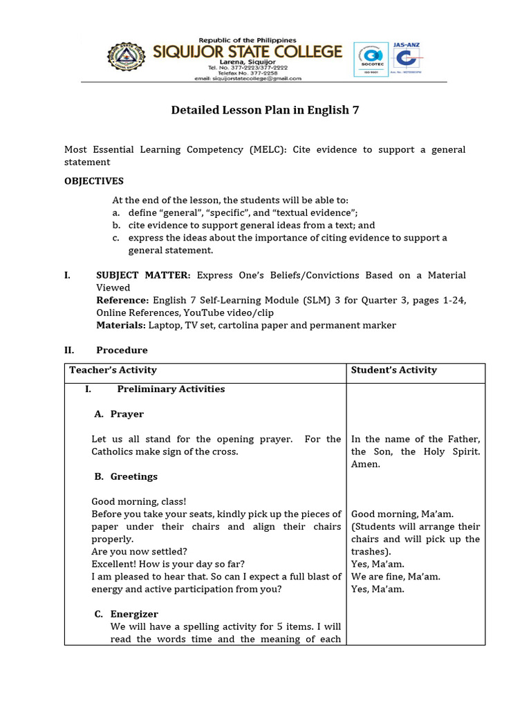 Lesson Plan For English 7-Q3 Module 5 | PDF | Virus