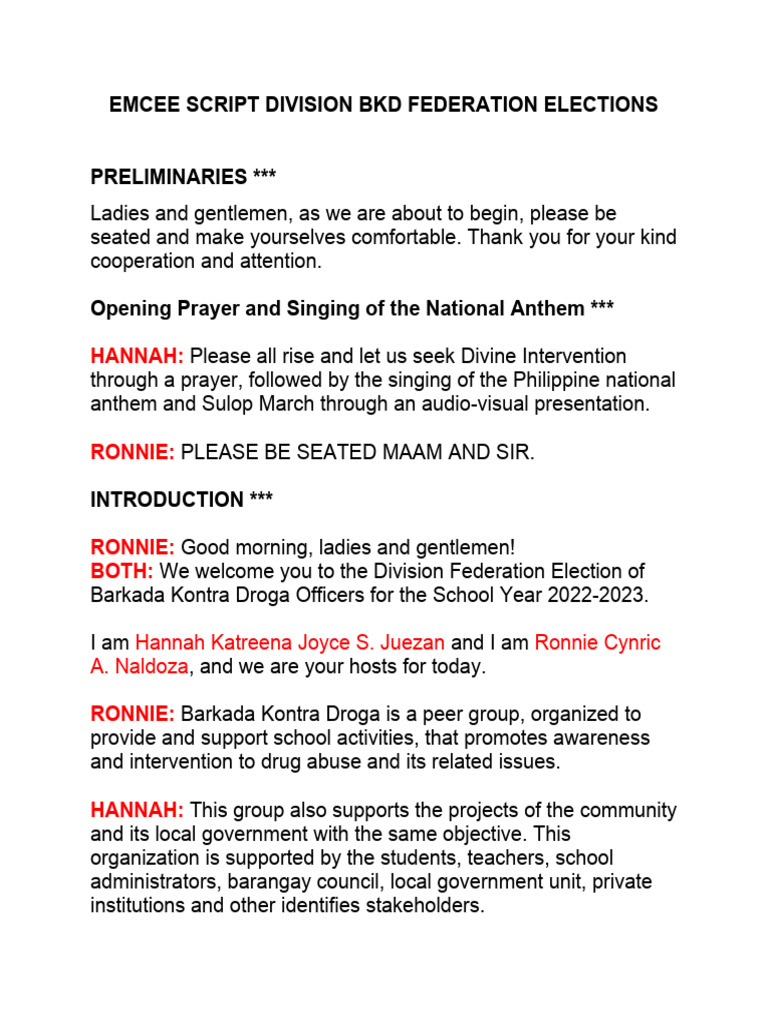 Emcee Script Division BKD Federation Elections | PDF