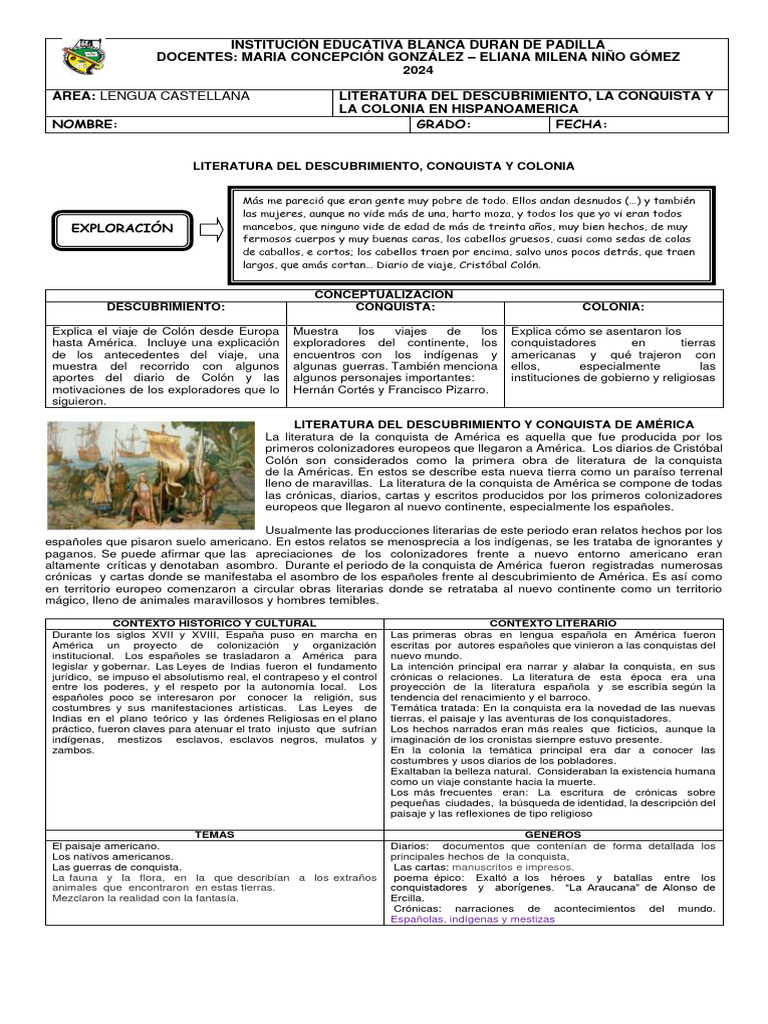 Taller Literatura de La Conquista | PDF | Colonización europea de las ...