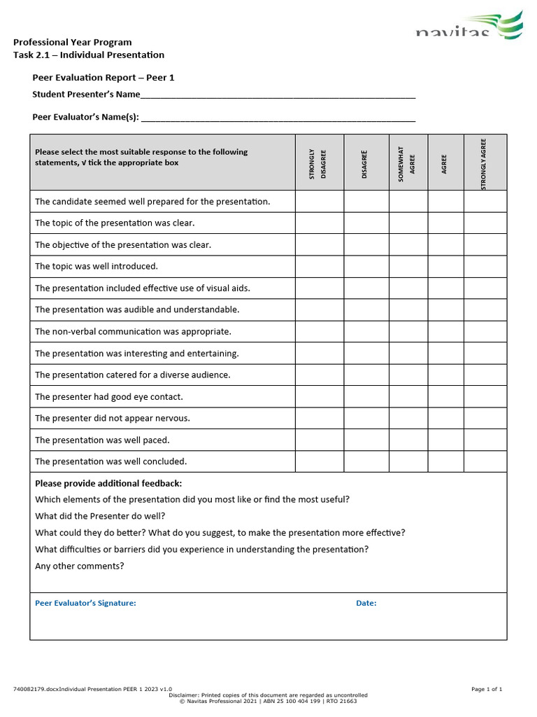 Peer Evaluation Report For Presentation Pdf Human Communication
