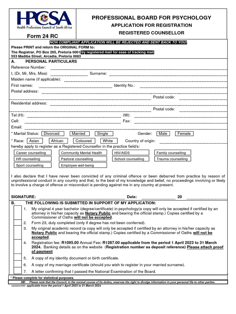 Form 24 Registration for Counsellors | PDF | Notary Public | Justice