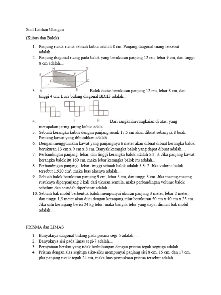 Soal Latihan Ulangan Bangun Ruang Sisi Datar | PDF | Griya & Taman