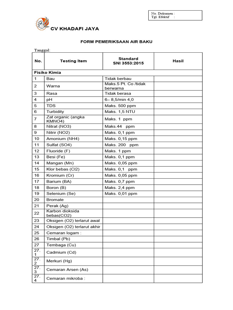 1.01. Form Pemeriksaan Air Baku CV KJ | PDF