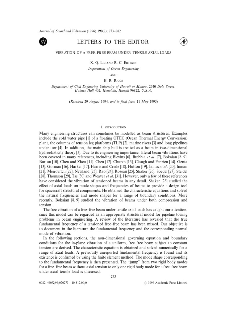 Vibration of A Free Free Beam Under Tens | PDF | Bending | Beam (Structure)