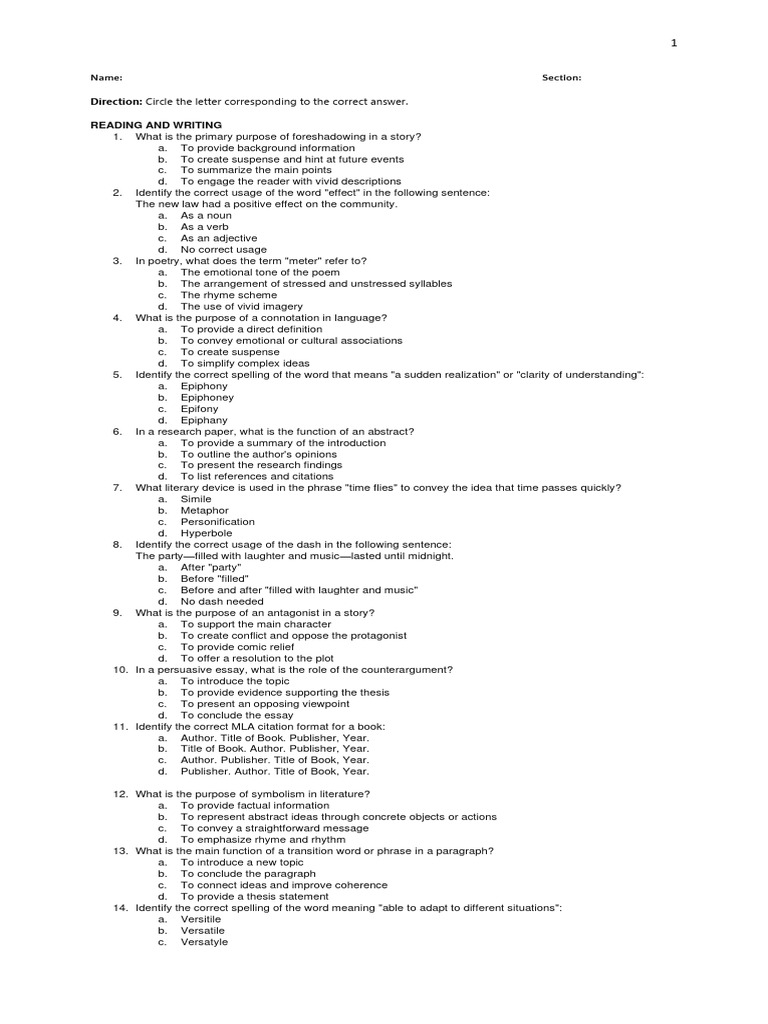 English Reviewer Questionnaire | PDF | Communication | Poetry